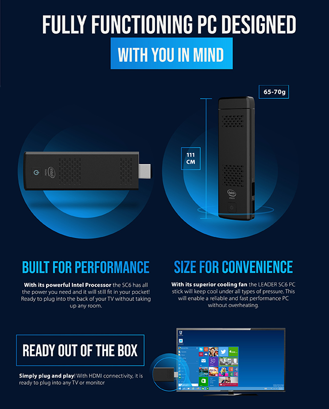 LEADER Intel PC Stick SC6, Intel Quad Core Z8350, 4GB, 64GB Storage ...